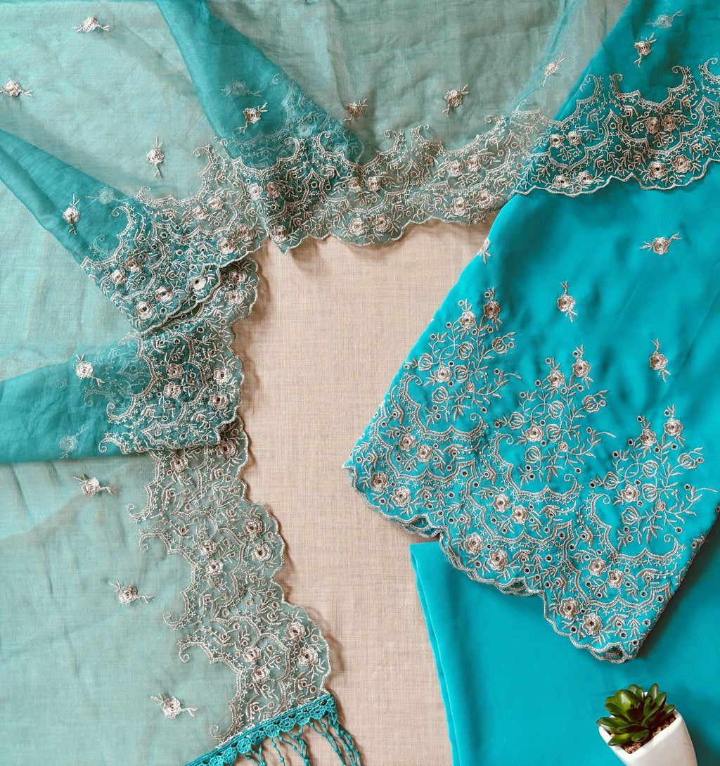 Azure Blue Zari Cut-Work Georgette Suit-Set – House Of Kadhaee