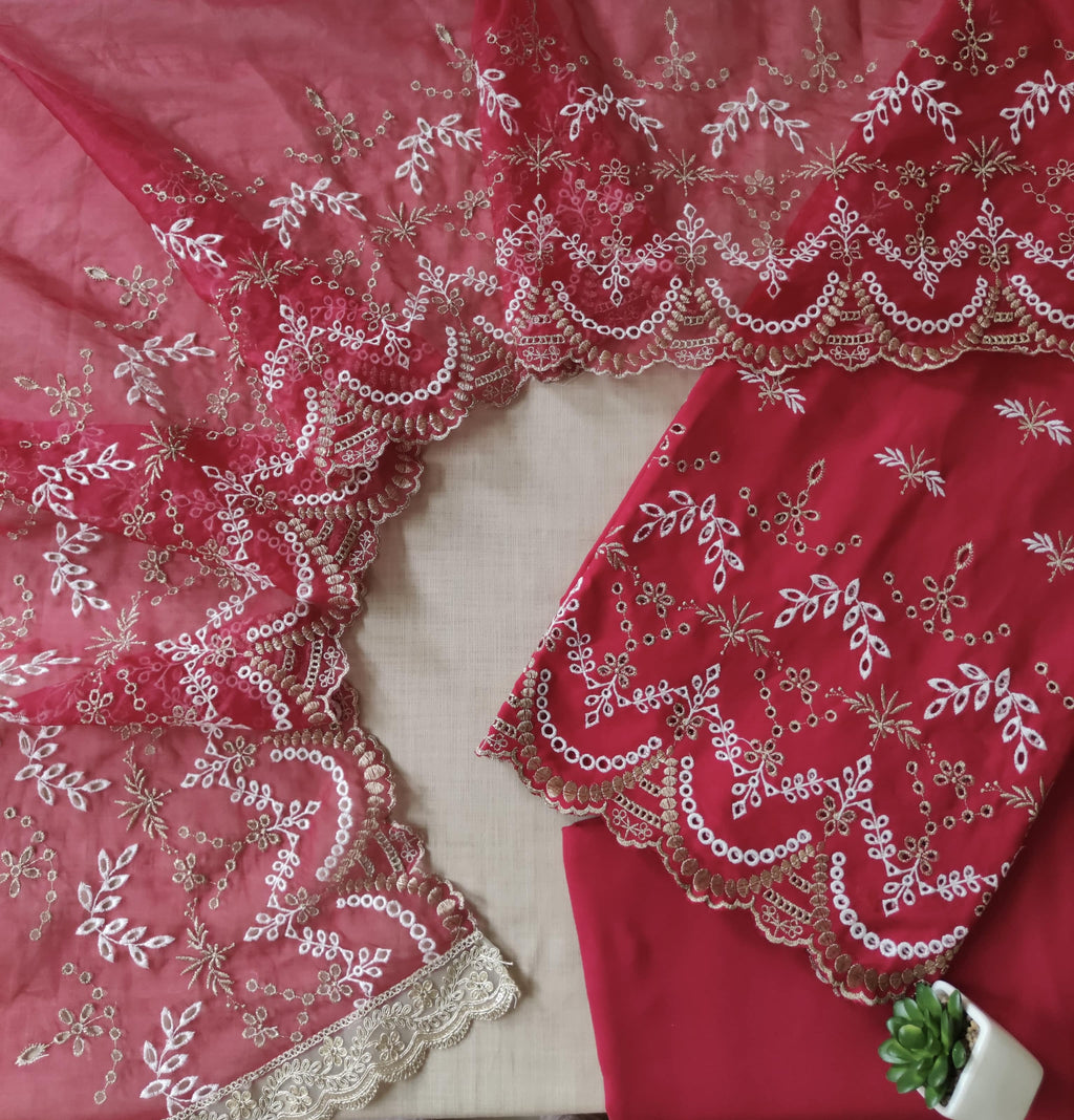 Crimson Zari Cut-Work Suit-Set – House Of Kadhaee