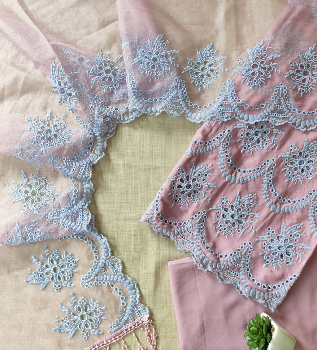 Pink with Pastel Blue Cut-Work Suit-Set – House Of Kadhaee