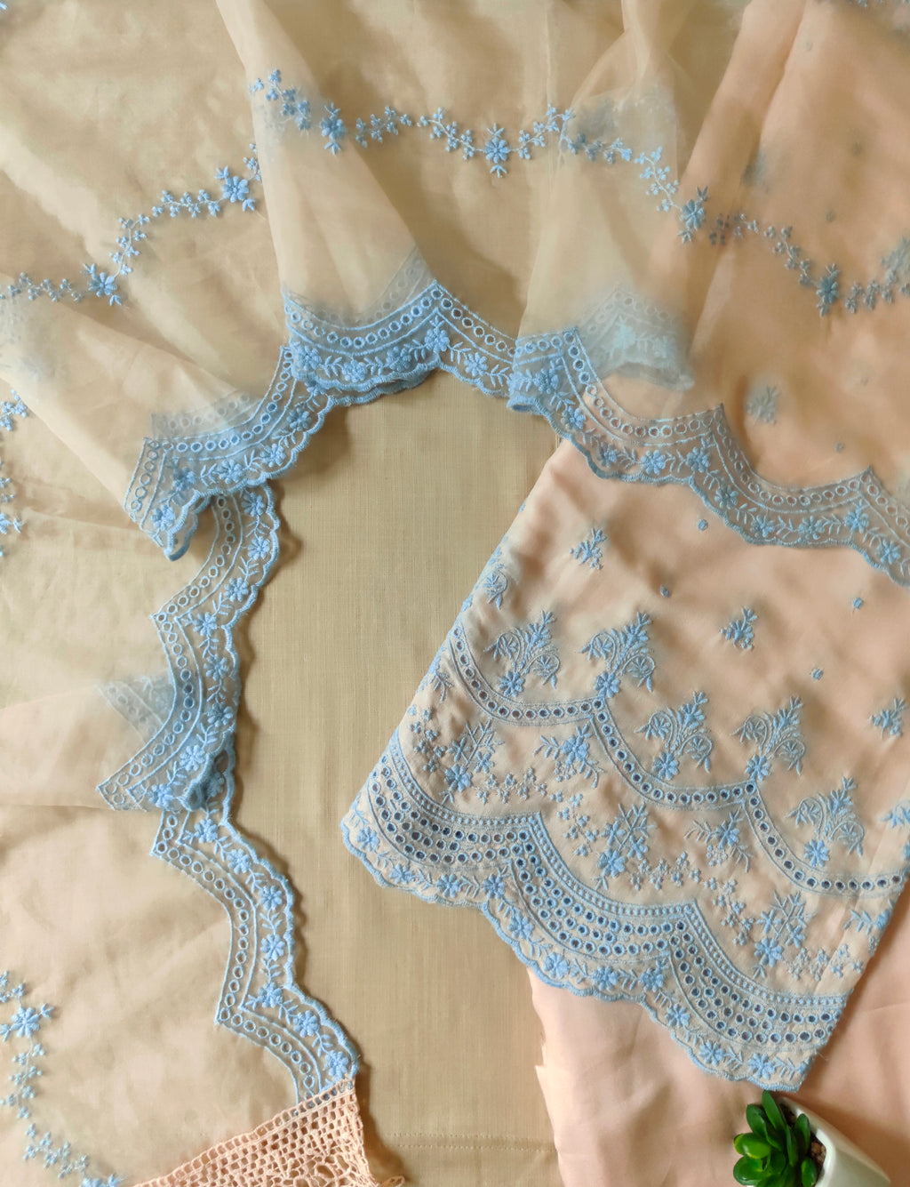 Peach with Pastel Blue Cut-Work Suit-Set – House Of Kadhaee