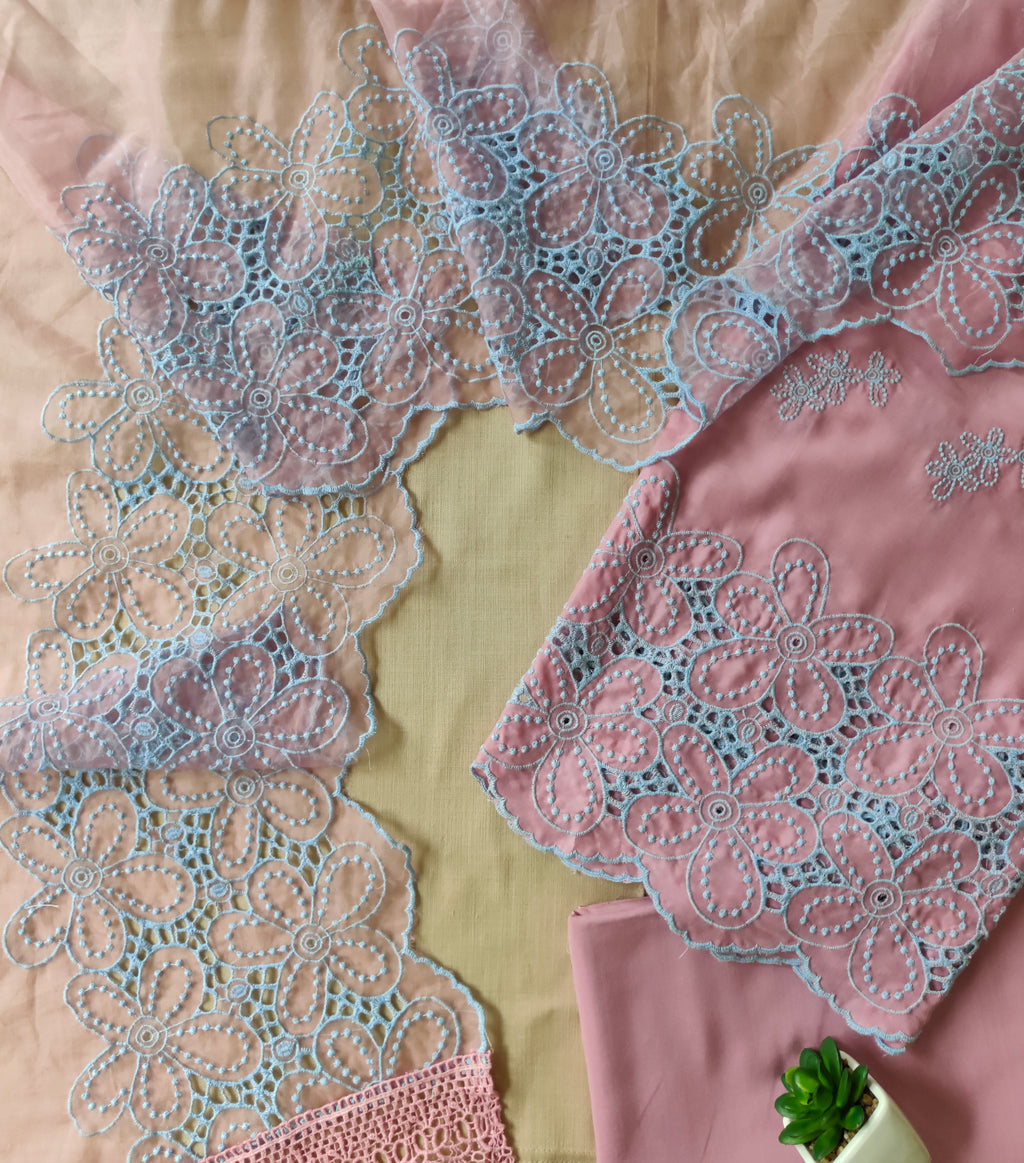 Pink with Pastel Blue Sunflower Cut-Work Suit-Set – House Of Kadhaee