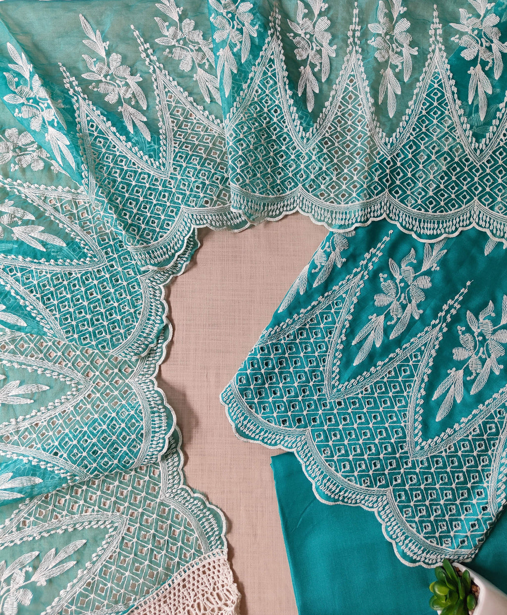 Peacock Blue Triangle Cut-Work Suit-Set – House Of Kadhaee