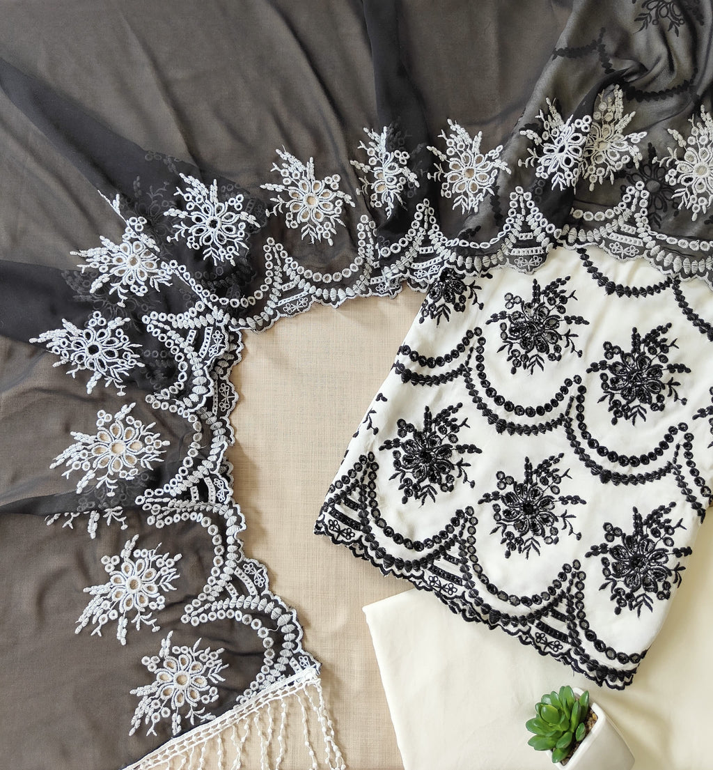 White & Black Twist Cut-Work Suit-Set – House Of Kadhaee